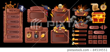 Pirate UI game set, corsair wooden interface... - Stock Illustration ...