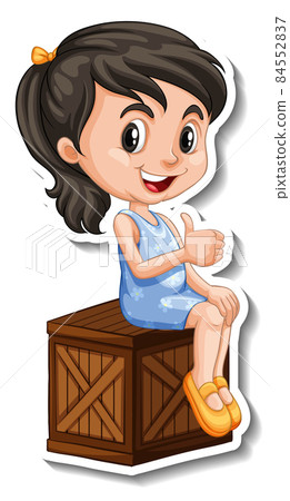 Cute girl sitting on wooden box cartoon character - Stock Illustration ...