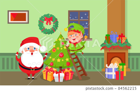 Merry Christmas Santa Claus and Elf at Home Room - Stock Illustration ...