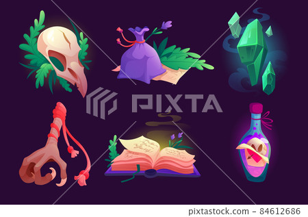 Witch spell book, magic crystal, skull and potion - Stock Illustration ...