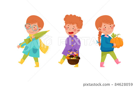 Kids outdoors activities in autumn set. Happy... - Stock Illustration ...