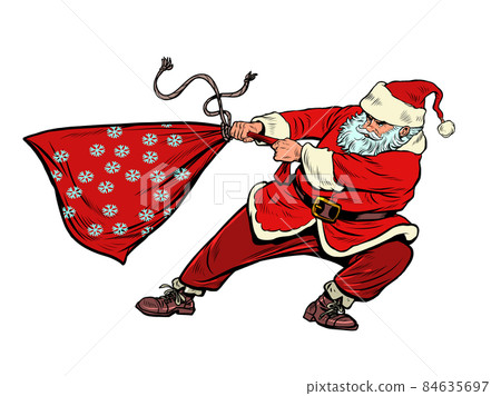 Santa Claus is pulling a heavy bag, a lot of... - Stock Illustration ...