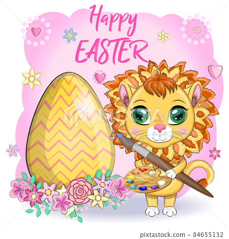 Cartoon lion with Easter egg. Character with... - Stock Illustration ...