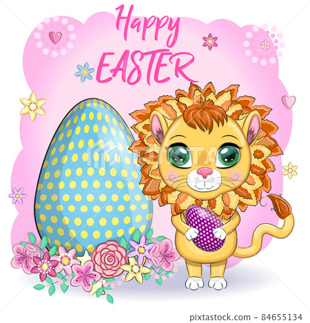 Cartoon lion with Easter egg. Character with... - Stock Illustration ...