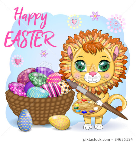 Cartoon lion with Easter egg. Character with... - Stock Illustration ...