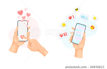 People chatting via smartphone set. Hands... - Stock Illustration ...