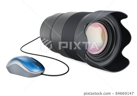 Camera lens with computer mouse. 3D rendering - Stock Illustration ...