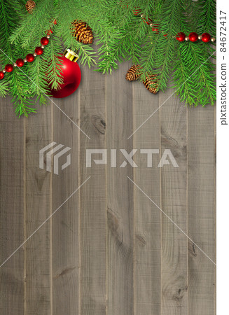 Christmas wooden background with red decoration - Stock Illustration ...