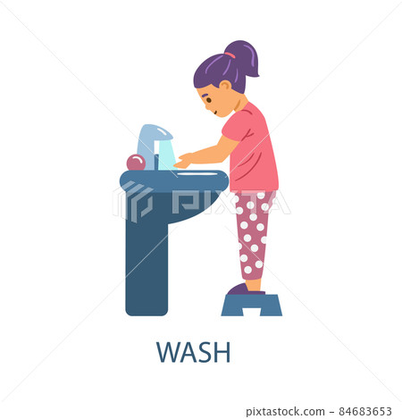 Cute girl on step stool washes her hands in... - Stock Illustration ...