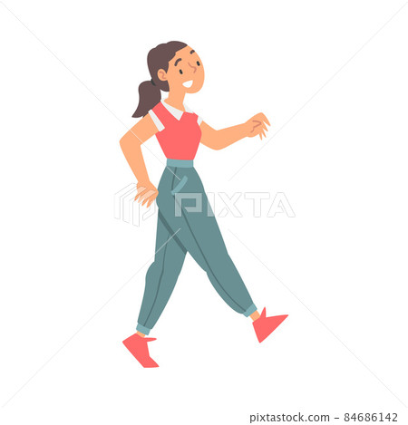 Happy Walking Woman Character Taking Steps... - Stock Illustration ...
