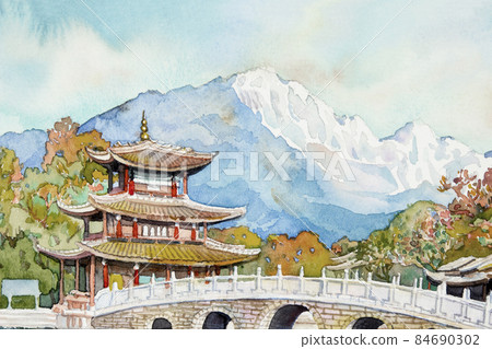 Watercolor paintings landmark Black Dragon Pool. - Stock Illustration ...