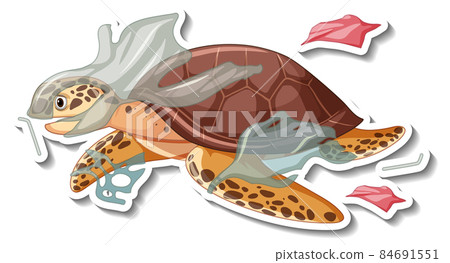 Turtle stuck with plastic trash cartoon sticker - Stock Illustration ...