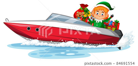 Christmas elf on speed boat with his gifts - Stock Illustration ...