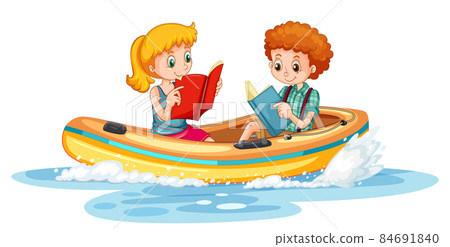 Couple kids reading books on boat - Stock Illustration [84691840] - PIXTA