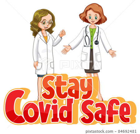 Stay Covid Safe font in cartoon style with two... - Stock Illustration ...