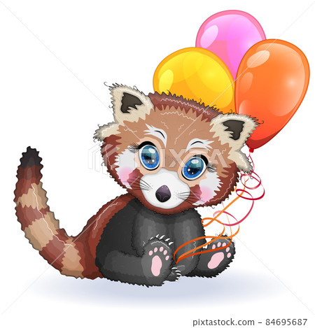 Red panda, cute character with balloons,... - Stock Illustration ...