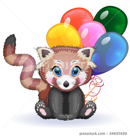 Red panda, cute character with balloons,... - Stock Illustration ...