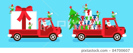 Santa Truck carrying large gift box with red bow - Stock Illustration ...