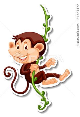 Monkey hanging on liana cartoon character sticker - Stock Illustration ...