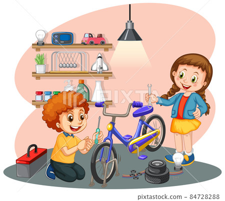 Children fixing a bicycle together - Stock Illustration [84728288] - PIXTA