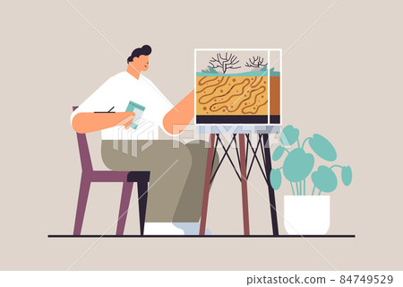 young man taking care of ant farm guy feeding... - Stock Illustration ...