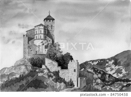 Monotone Swiss Tourist Attractions Valer Castle... - Stock Illustration ...