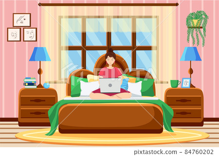 A young woman works remotely from home.The... - Stock Illustration ...