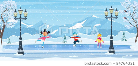 Winter scene with skating children. - Stock Illustration [84764351] - PIXTA