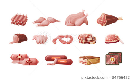 Fresh meat food set. Sliced piece of beef... - Stock Illustration ...