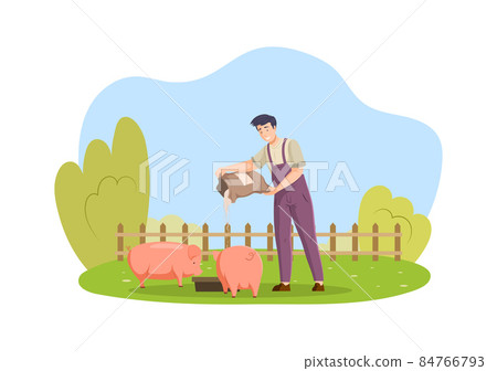 Happy male farmer in overalls feeding pig man... - Stock Illustration ...