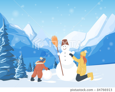 Children playing and making snowman in snow...-插圖素材 [84766913] - PIXTA圖庫