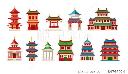 Chinese temples and houses at traditional Asian... - Stock Illustration ...