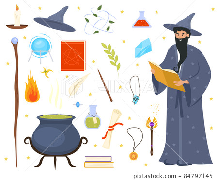 Set of magician tools and male wizard... - Stock Illustration [84797145 ...