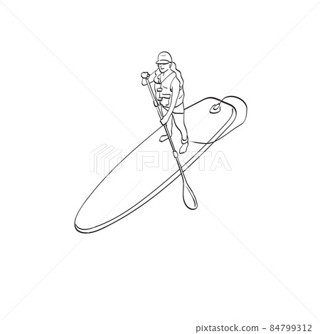 Woman with cap on stand up paddle board or SUP ... - Stock Illustration ...