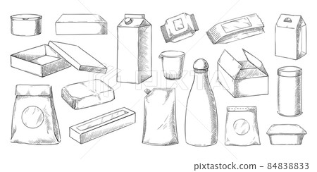 Food package sketch. Hand drawn cardboard box... - Stock Illustration ...