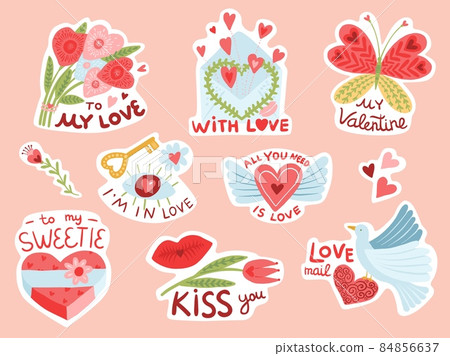 Cute love day elements stickers. Romantic... - Stock Illustration ...