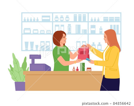 People selling interaction. Seller serves... - Stock Illustration ...