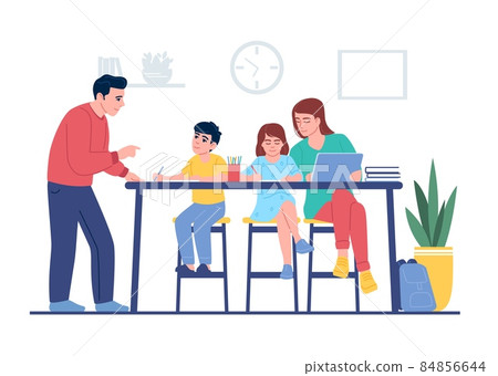 Teaching at home. Parents help children with... - Stock Illustration ...