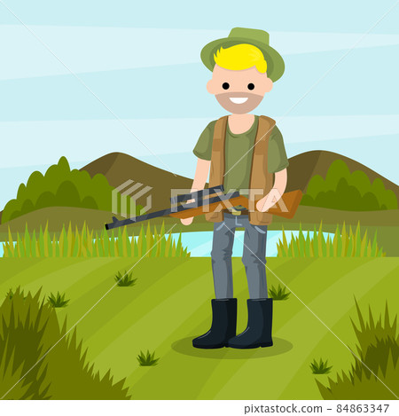 Man hunter with a gun. Survival in the woods.... - Stock Illustration ...