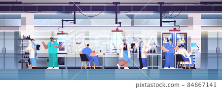 mix race research scientist team working in lab... - Stock Illustration ...