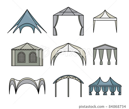 Vector set of event tent illustrations. Line art. - Stock Illustration ...