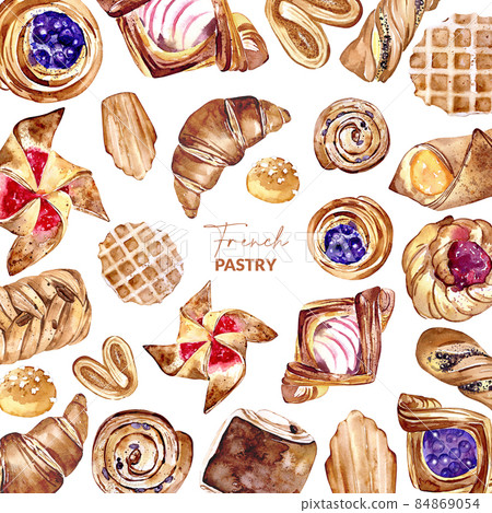 Background with french pastries. Watercolor... - Stock Illustration ...