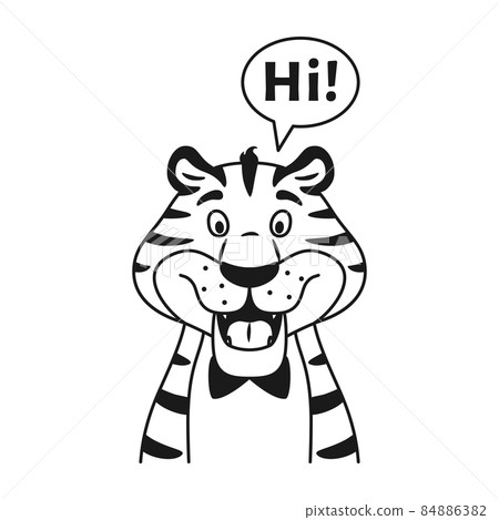 Black and white outline happy tiger say Hi... - Stock Illustration ...