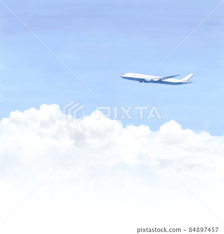 飛機在藍天和雲層上方飛行的逼真水彩插圖-插圖素材 [84897457] - PIXTA圖庫