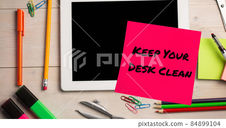 Image of keep your desk clean text on memo note... - Stock Illustration ...