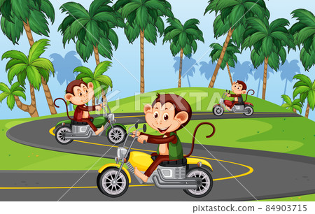 Race track scene with monkeys riding motorcycles - Stock Illustration ...
