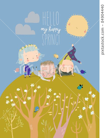 Cartoon Happy Children enjoying Spring in... - Stock Illustration ...