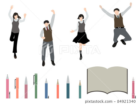 Colorful pens and notebooks, students jumping... - Stock Illustration ...
