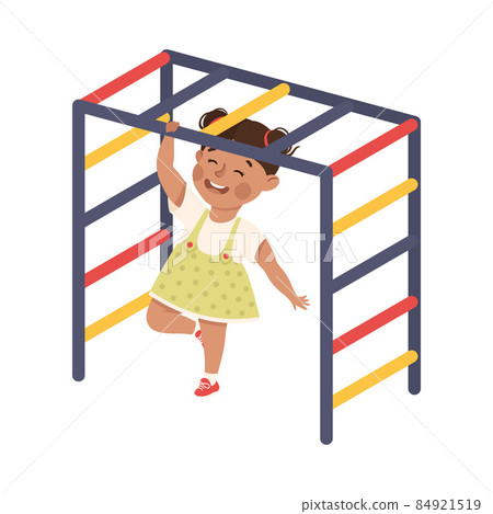 Smiling Girl Hanging on Horizontal Bar Playing...-插圖素材 [84921519] - PIXTA圖庫