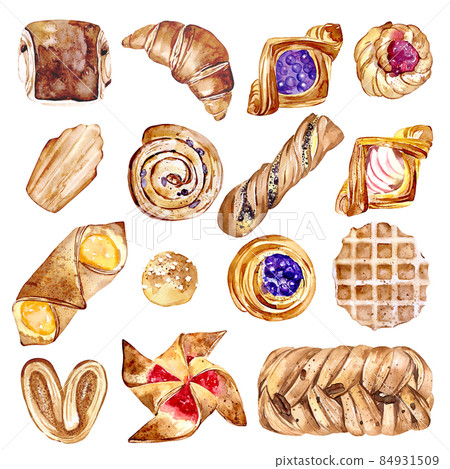 Watercolor french breakfast pastries on white.... - Stock Illustration ...